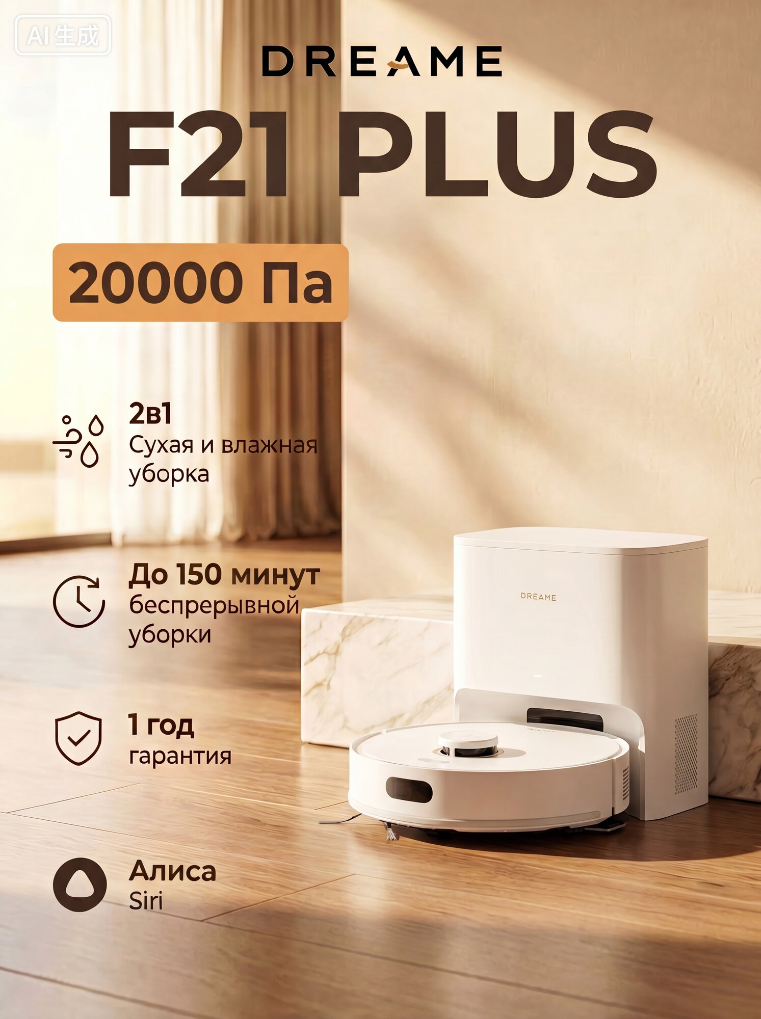 Dreame F21 Plus — робот-пылесос 2-в-1 с автоочисткой, 20 000 Па, влажная уборка, до 150 мин