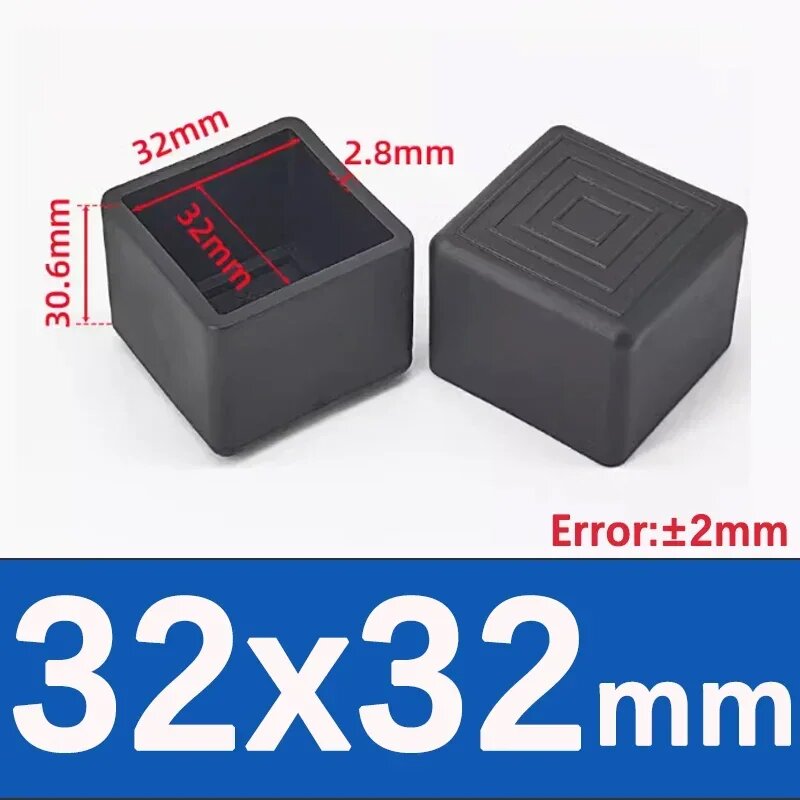 Квадратный черный ПВХ, мягкая резиновая труба, рукав, крышка трубки, 4Pcs-Black, 32x32mm