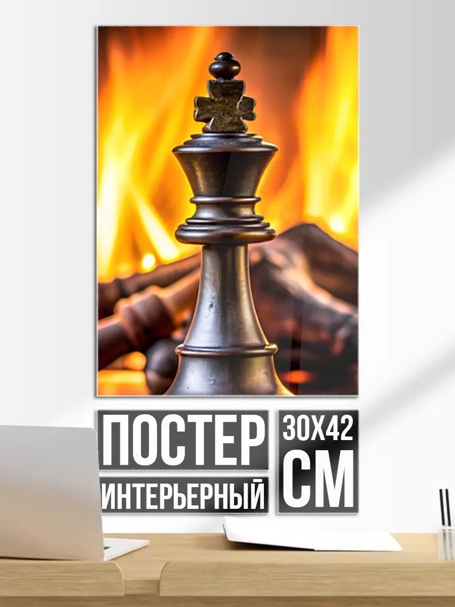 Постер на стену Шахматы - король на фоне огня