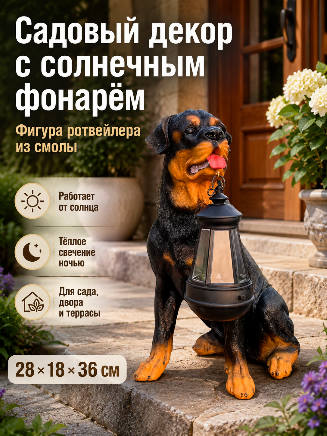 Светильник садовый "Собака Ротвейлер", солнечная батарея, светодиодная подсветка, светло-коричневый