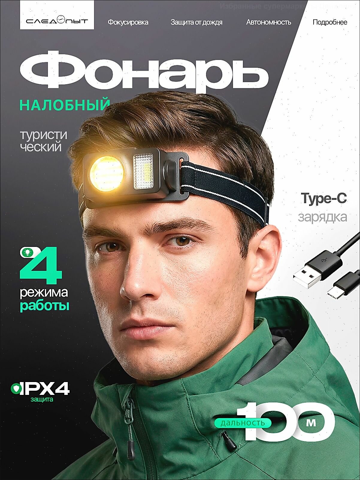 Налобный туристический фонарь IPX4, 4 режима, Type-C, дальность 100 м