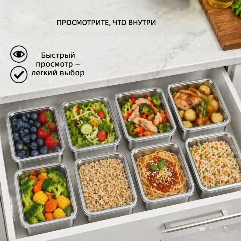Набор из 8 контейнеров и 8 крышек для хранения продуктов, нержавеющая сталь 410, квадратные, штабелируемые, герметичные, для заморозки и посудомоечной машины