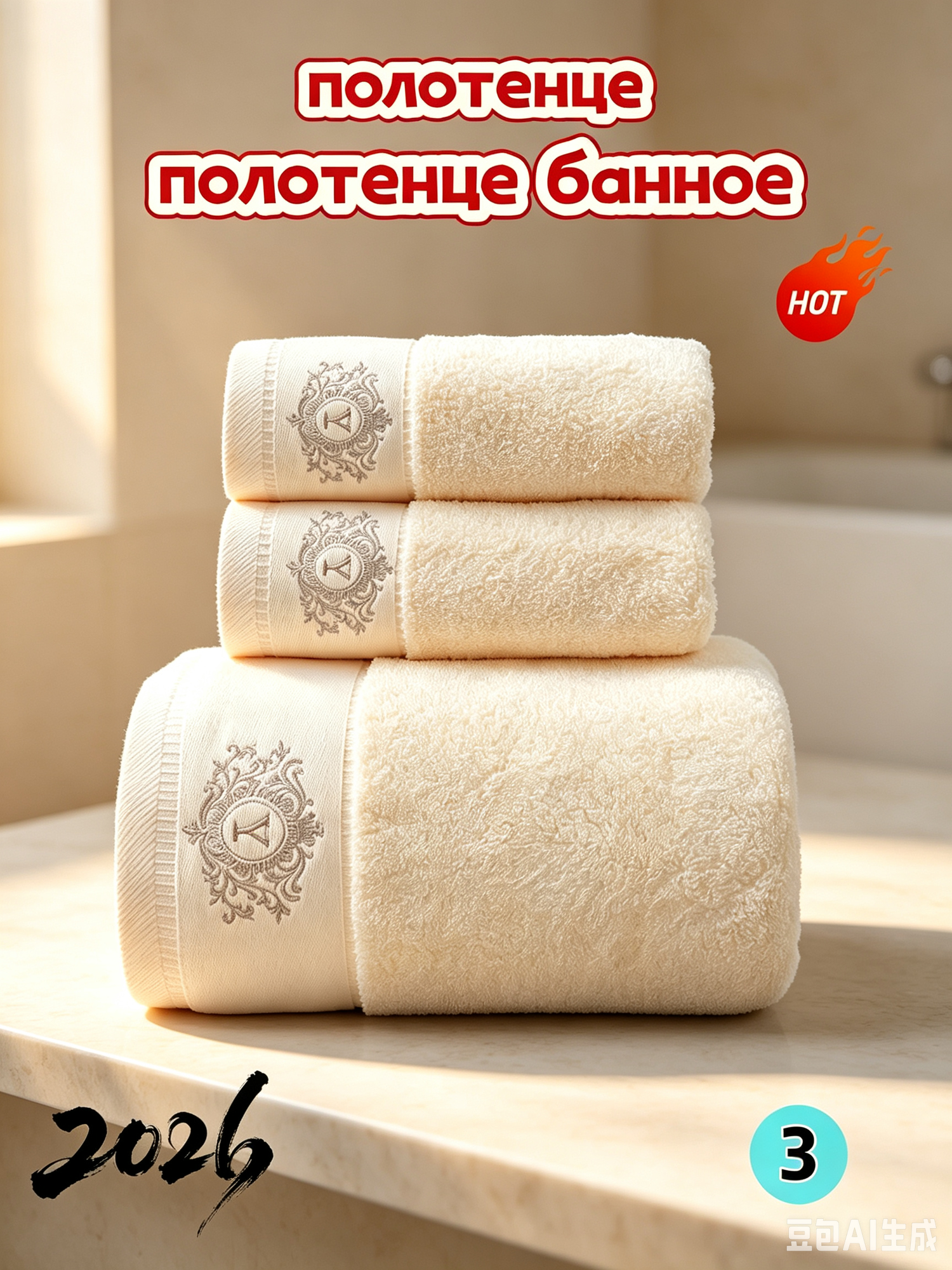 Полотенце，Набор полотенец, жаккардовые, хлопок, 3 шт, Молочно-желтое