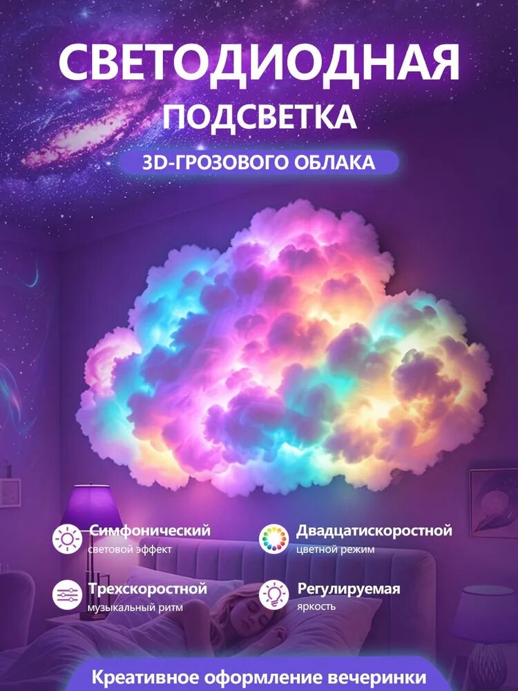 Светодиодная лампа в виде облака с динамическим цветным светом и функцией реагирования на звук