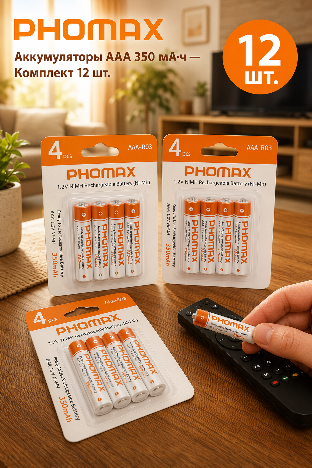 Аккумуляторы PHOMAX, AAA, 350мА·ч, Ni-MH, перезаряжаемые, 1,2 В