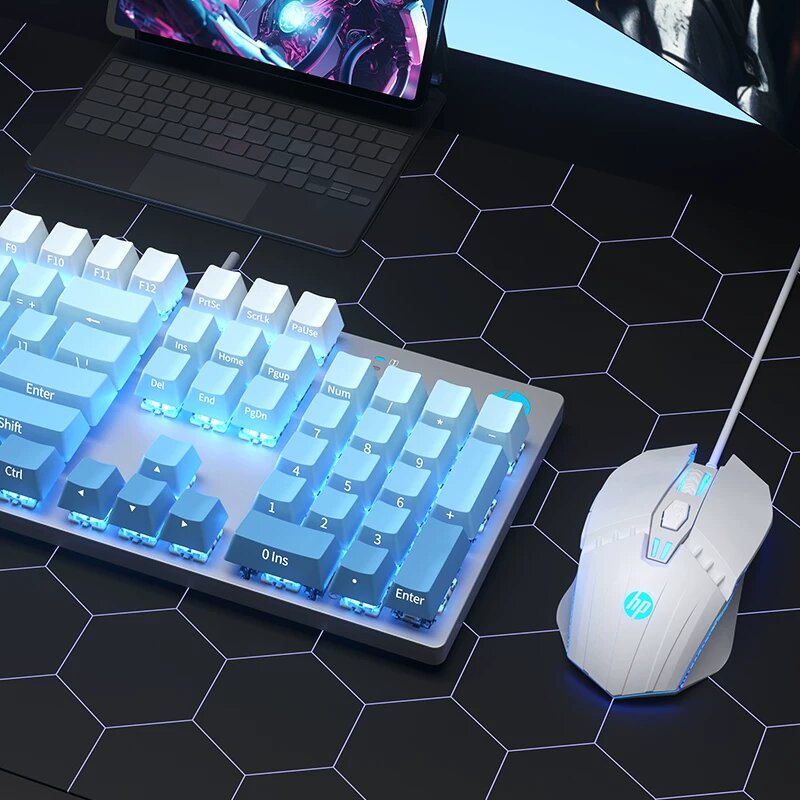 HP Элитный механический клавиатурный набор с красным переключателем и Ледяно-голубым градиентным цветом с боковым синим