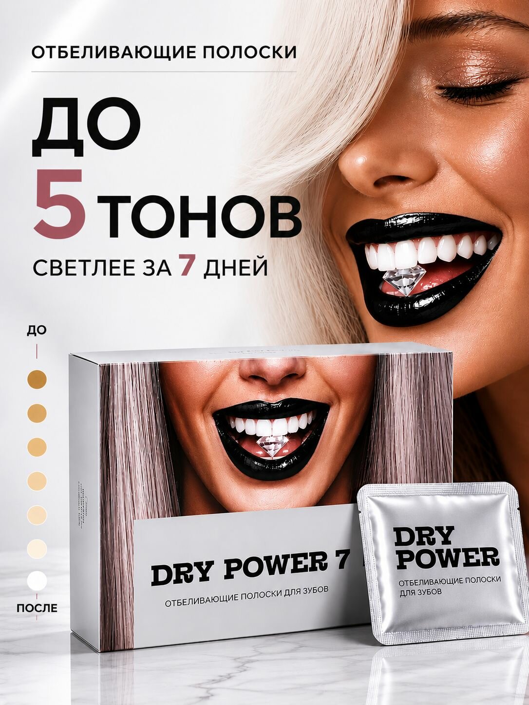 Полоски для отбеливания эмали Dry Power, домашние полоски для белых зубов, безопасное отбеливание, курс 7 дней
