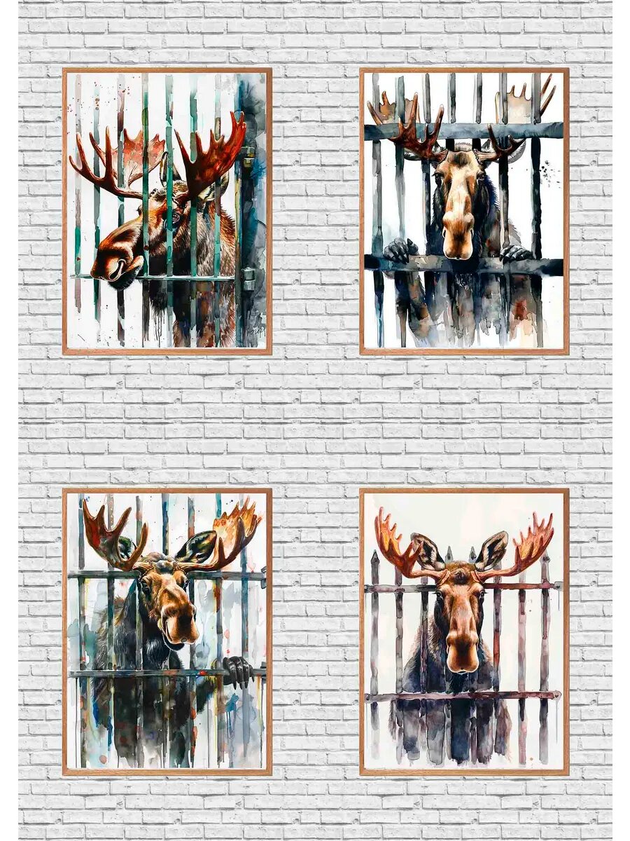 Лось-животное-преступник в тюрьме, 4 Плаката, 30x21см