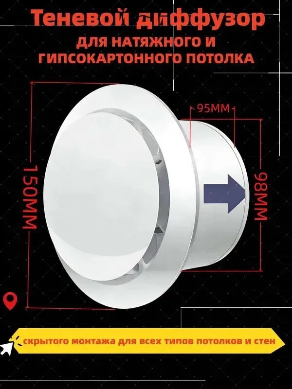 Теневой диффузор вентиляционный для натяжного потолка с вентилятором D100 мм, решетка теневая магнитная, круглая, ГКЛ