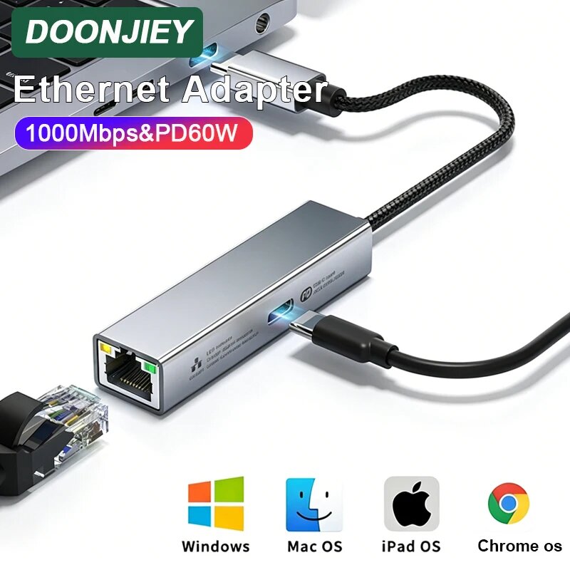 Адаптер DOONJIEY Type-C Ethernet 2 IN 1 — фото 1
