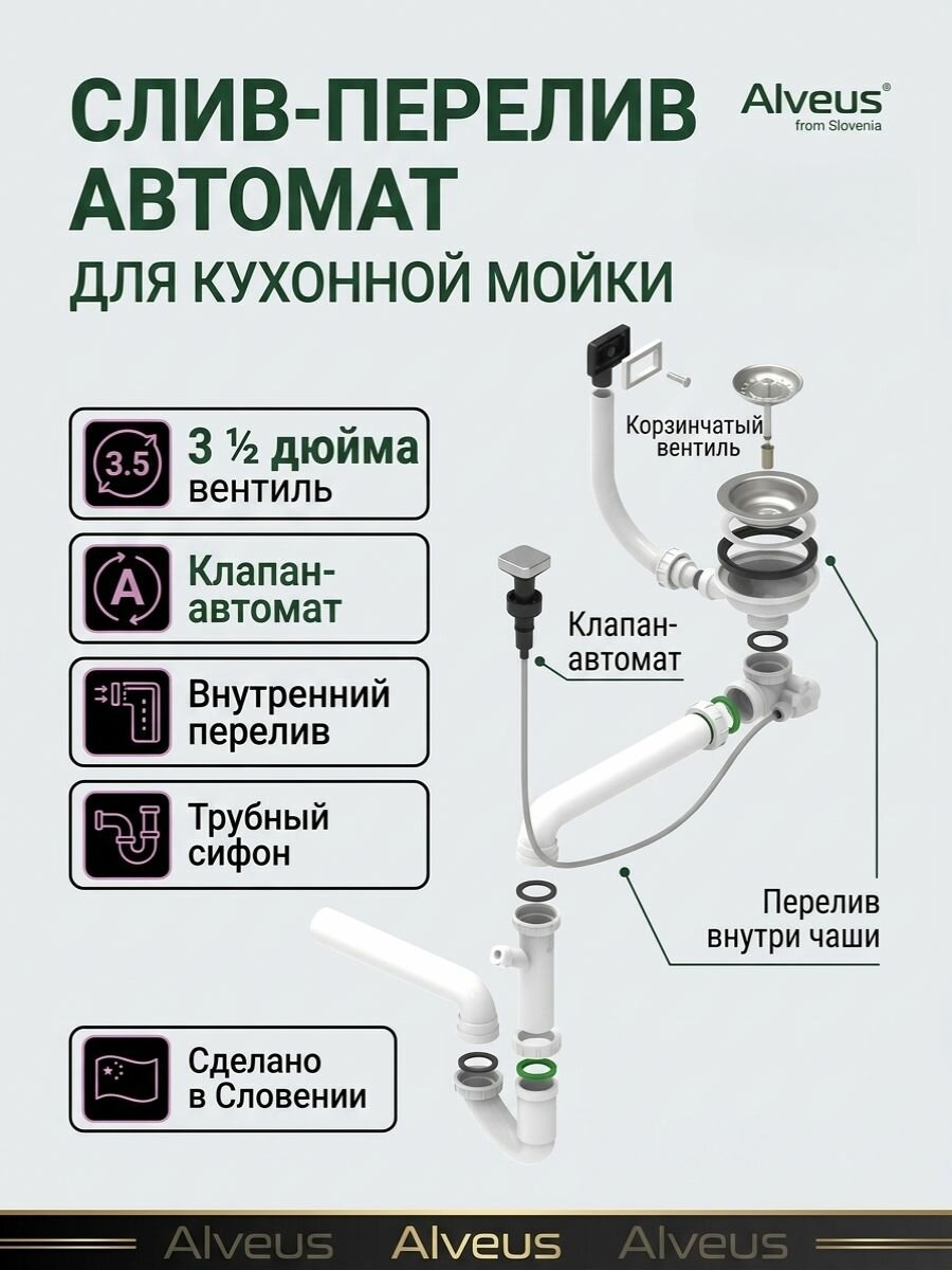 Слив-перелив для кухонной мойки автомат POP UP c корзинчатым вентилем, скрытым переливом, нержавеющая сталь, сделано в Словении
