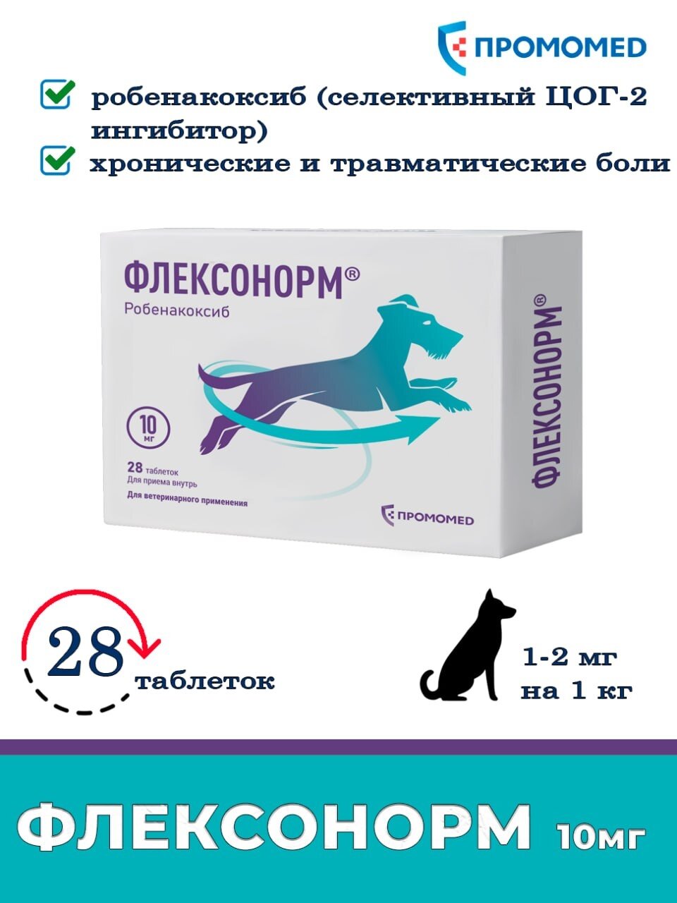 Флексонорм Промомед, для собак, 10 мг - 28табл. противовоспалительный, обезболивающий