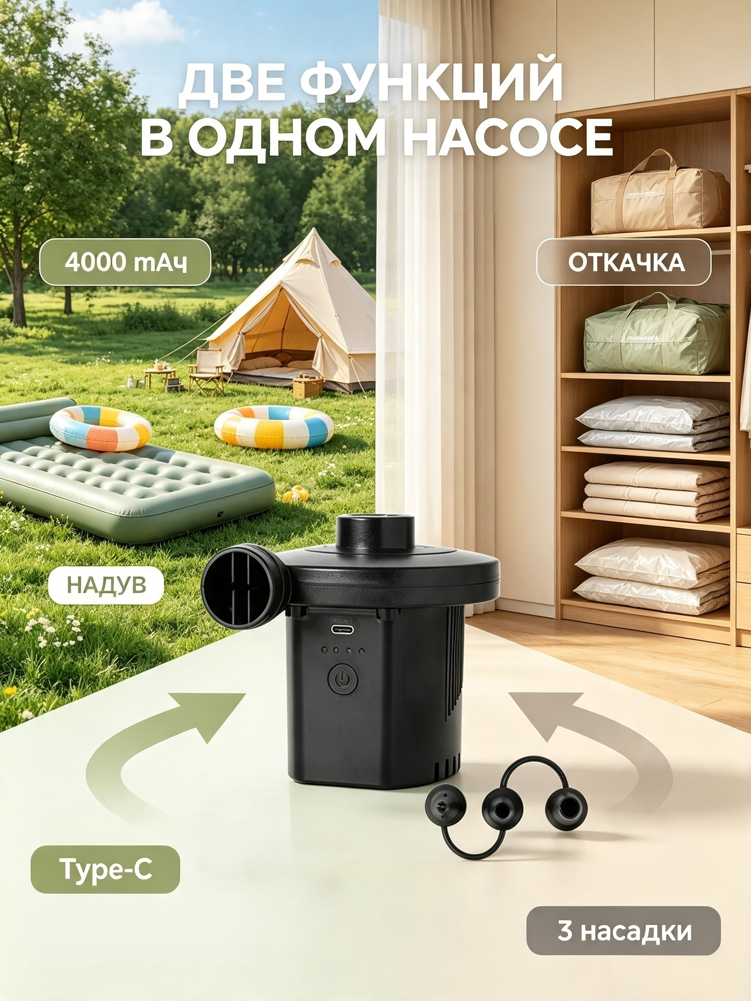 Аккумуляторный насос для надувного матраса, лодки, бассейна, мощный 4000 мАч, беспроводной, портативный
