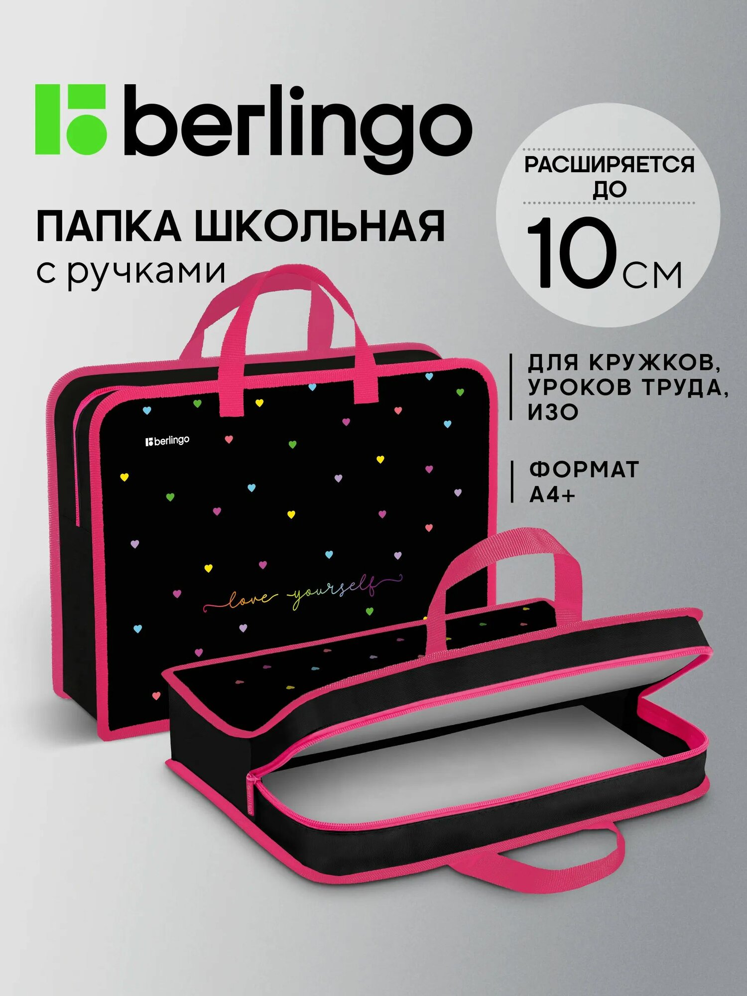 Папка-сумка школьная для девочки А4 34х24,5х10 см Berlingo Люби себя (Love Yourself), с ручками, на молнии