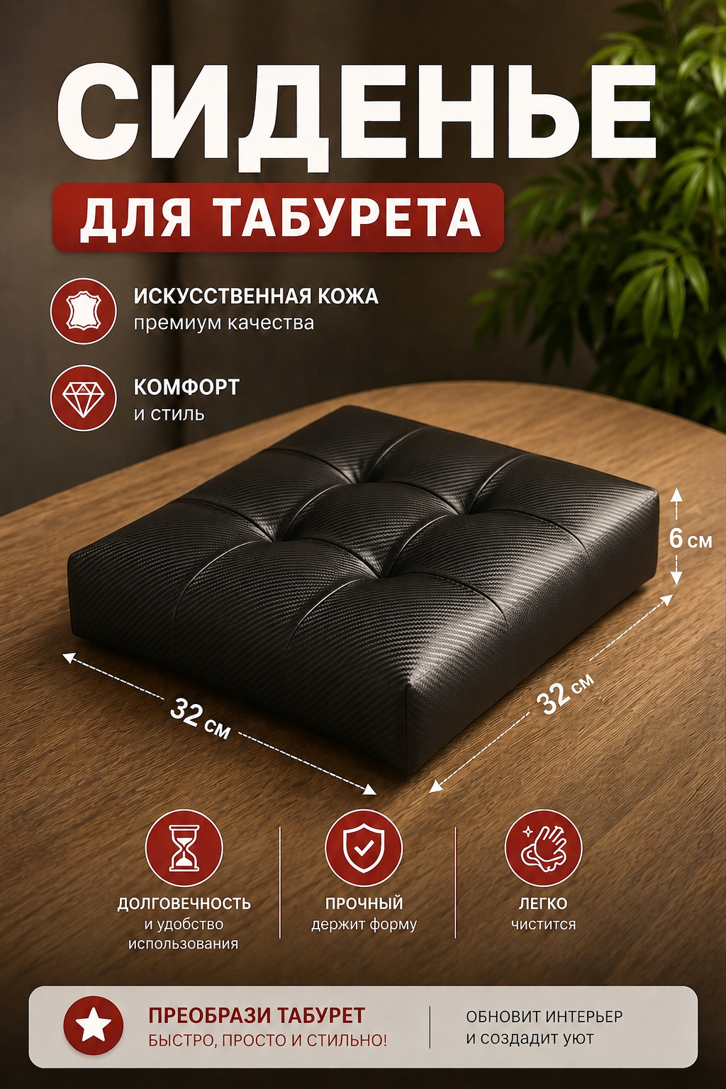 Сидение для стула или табурета квадратное, пуф "Драголит", из искусственной кожи