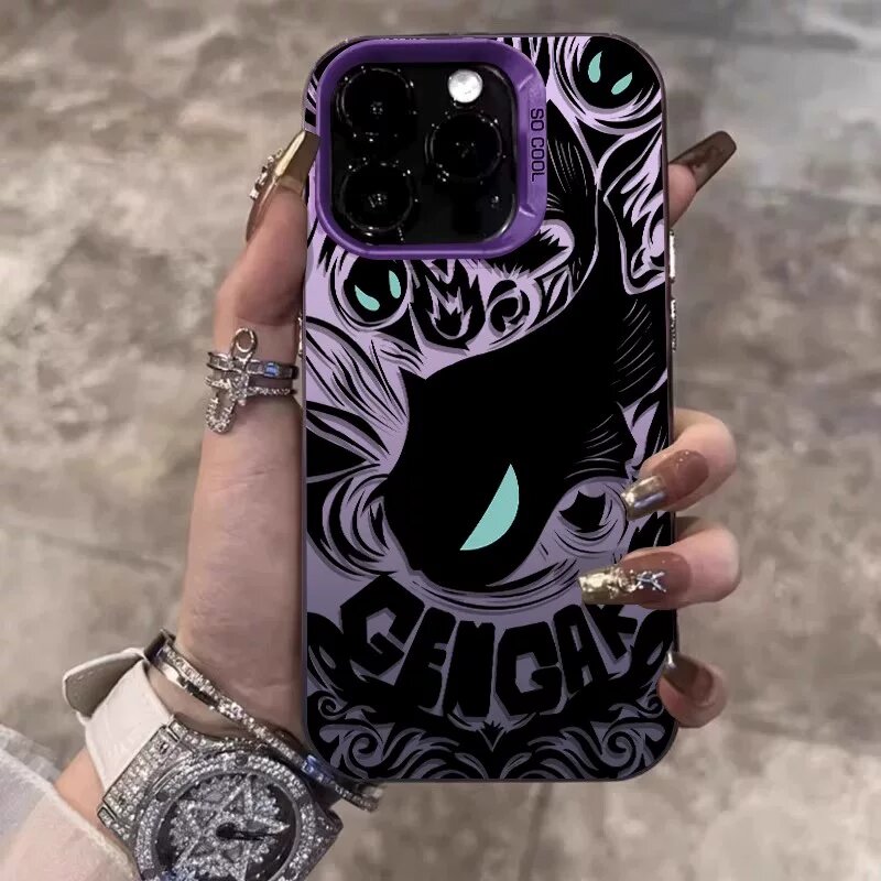 Чехол для iPhone 14 Pro Max с матовой серебристой отделкой и фиолетовым и черным рисунком Монстр-Рыба защитный чехол