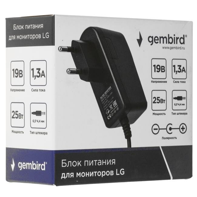 Блок питания Gembird NPA-AC35, 19В/1.3А, 25Вт, 1 штекер 6.5х4.4мм для мониторов LG, черный — фото 1