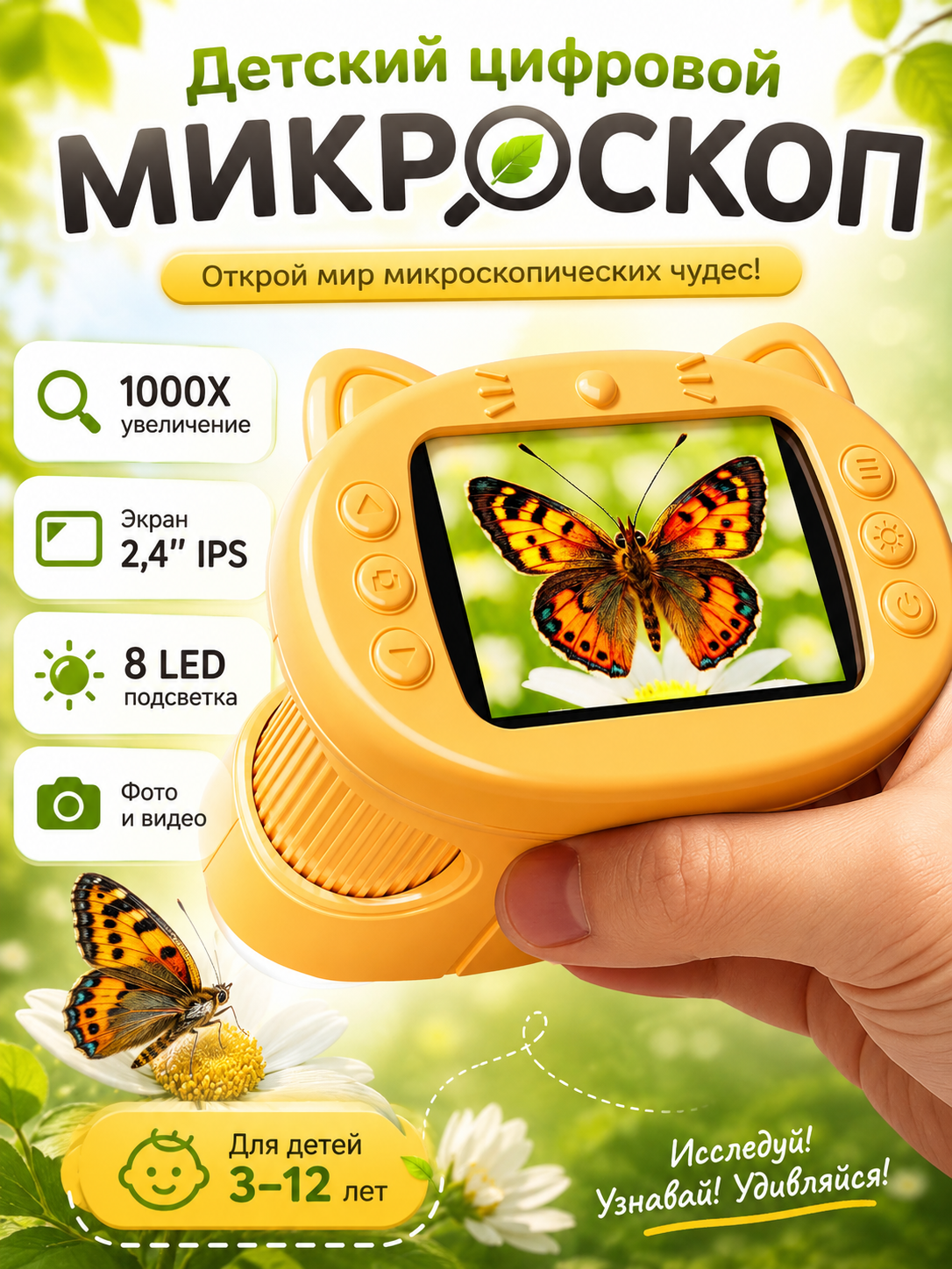 Детский микроскоп с 1000-кратным увеличением и 2,4-дюймовым экраном.