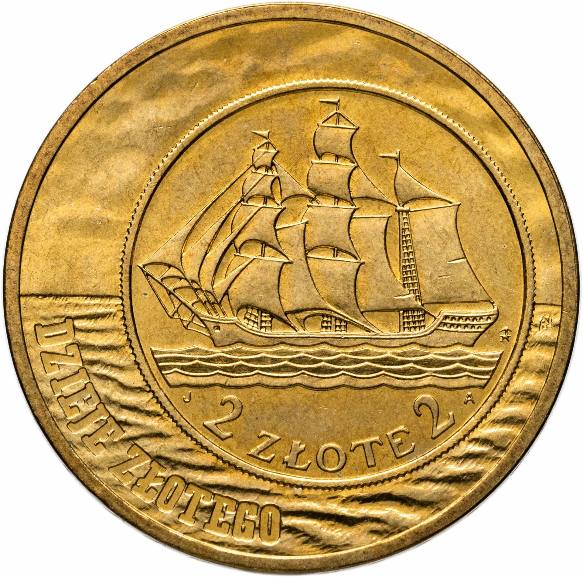 Польша 2 злотых zlote 2005 "История польского злотого - парусное судно на 2 злотых 1936 года", Латунь, в сохранности UNC