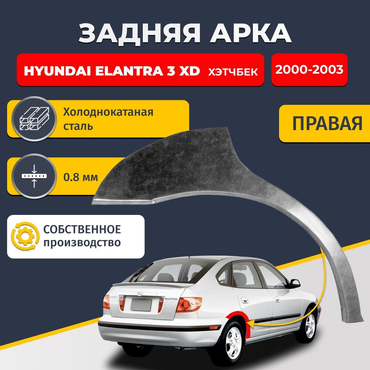 Правая задняя ремонтная арка для автомобиля Hyundai Elantra 3 XD хэтчбек 5 дверей (Хендай Элантра ХД). Холоднокатаная сталь 0,8мм.