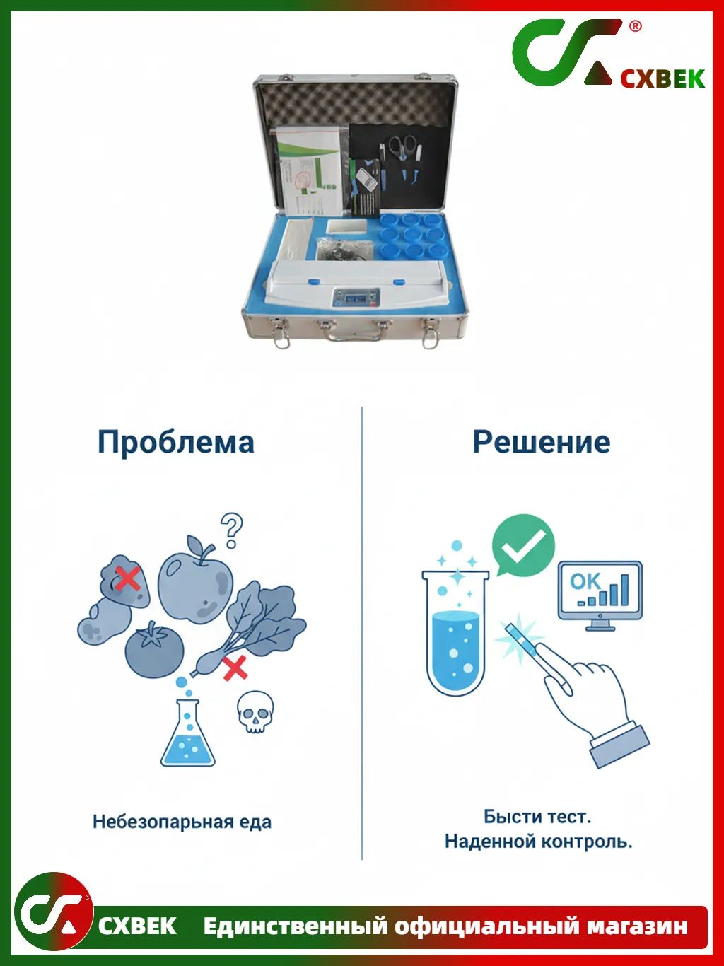 Портативный прибор для экспресс-анализа пестицидов в продуктах с кейсом, набором аксессуаров и 40 тест-полосками для быстрого выявления остатка фосфорорганических и карбаматных препаратов