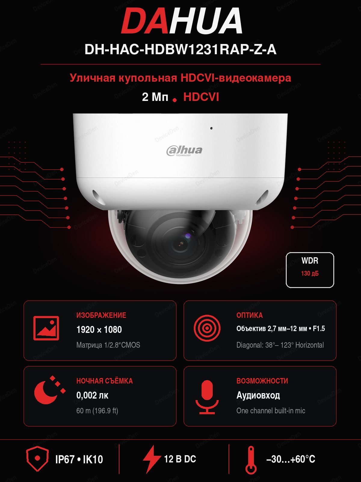 Dahua DH-HAC-HDBW1231RAP-Z-A уличная купольная мультиформатная камера 2 Мп, встроенный микрофон