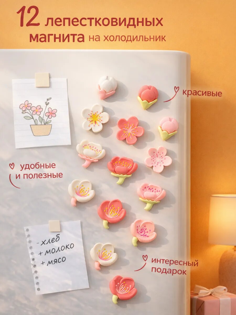 Комплект магнитов 3D Цветы 12 шт.