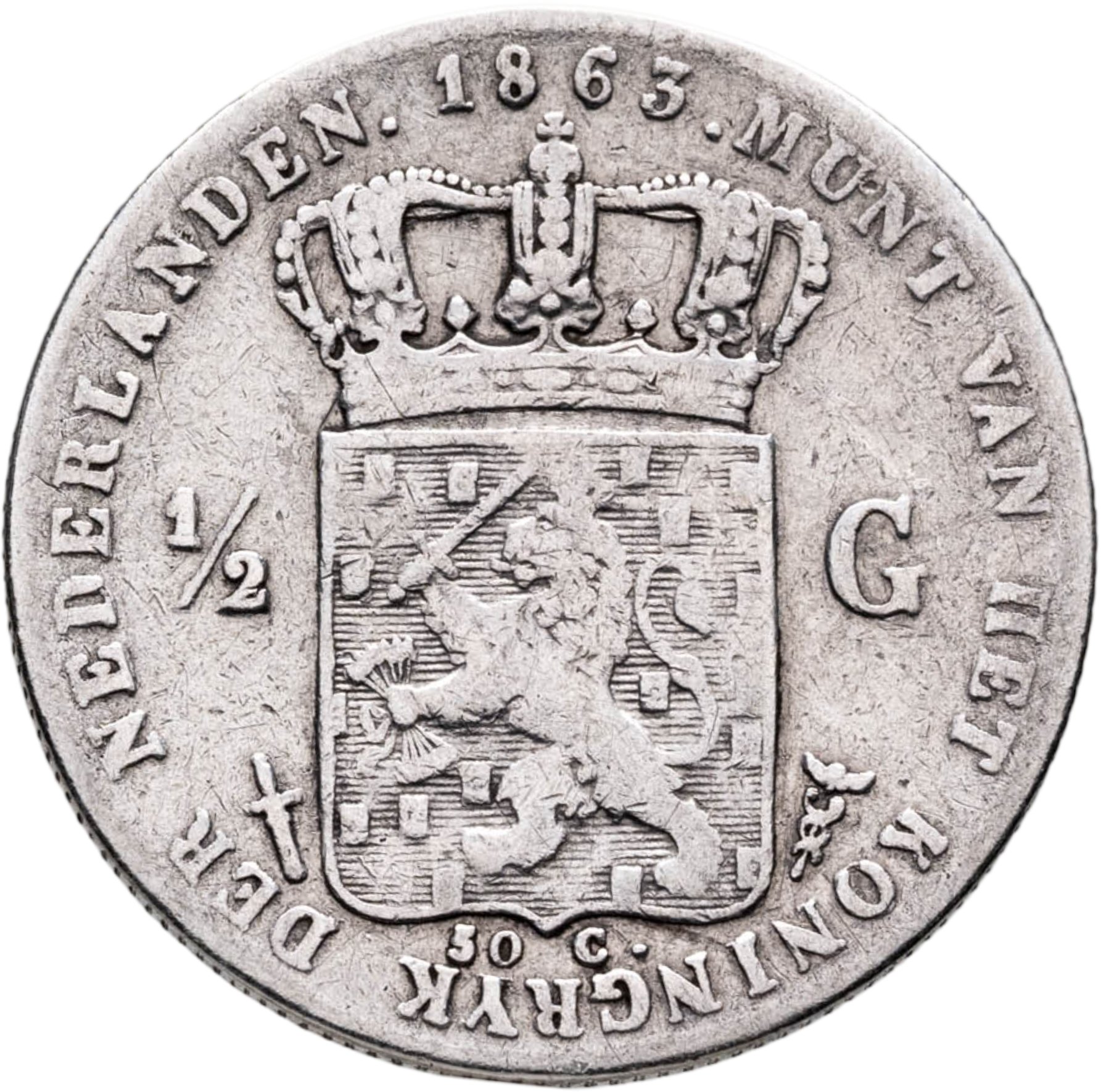 Нидерланды 1/2 гульдена gulden 1863, Серебро 945, в сохранности F