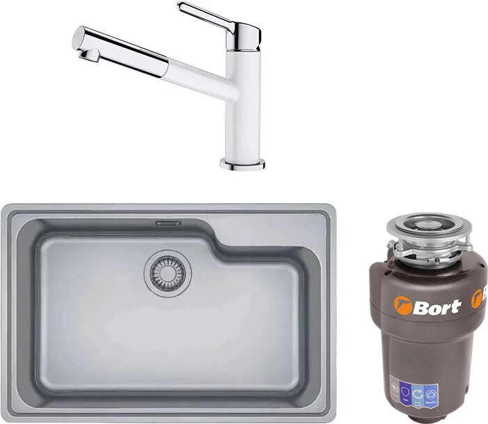 Комплект Мойка Franke Bell ВСX 610-74 TL 74x48, нержавеющая сталь / Смеситель Orbit 115.0623.139 с выдвижным изливом, хром, белый, хром, белый / Измельчитель Bort Titan 5000 электрический, нержавеющая
