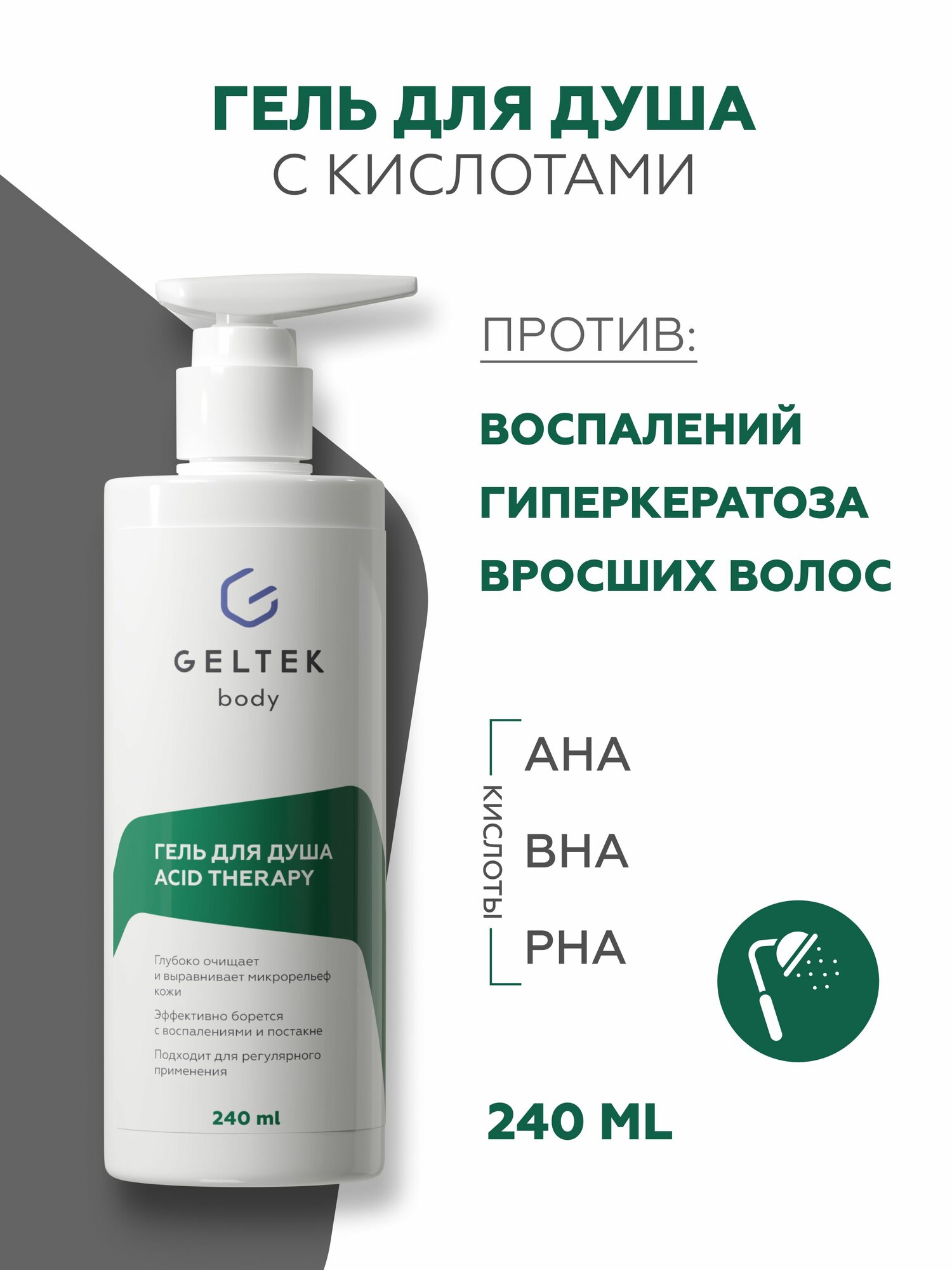 Гельтек Acid Therapy Гель для душа с кислотами от прыщей, гиперкератоза и вросших волос для жирной и проблемной кожи 240 мл