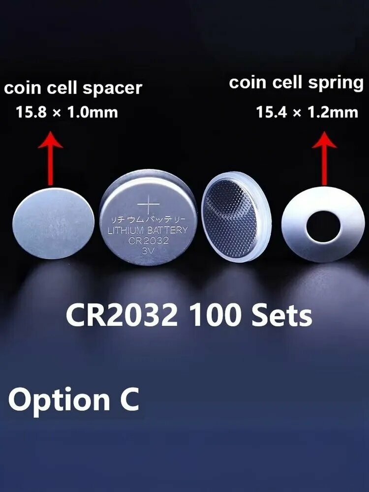 Комплект корпусов для батареек CR2016/CR2025/CR2032: анод, катод, конусная пружина, прокладка. Нержавеющая сталь 316 Option C
