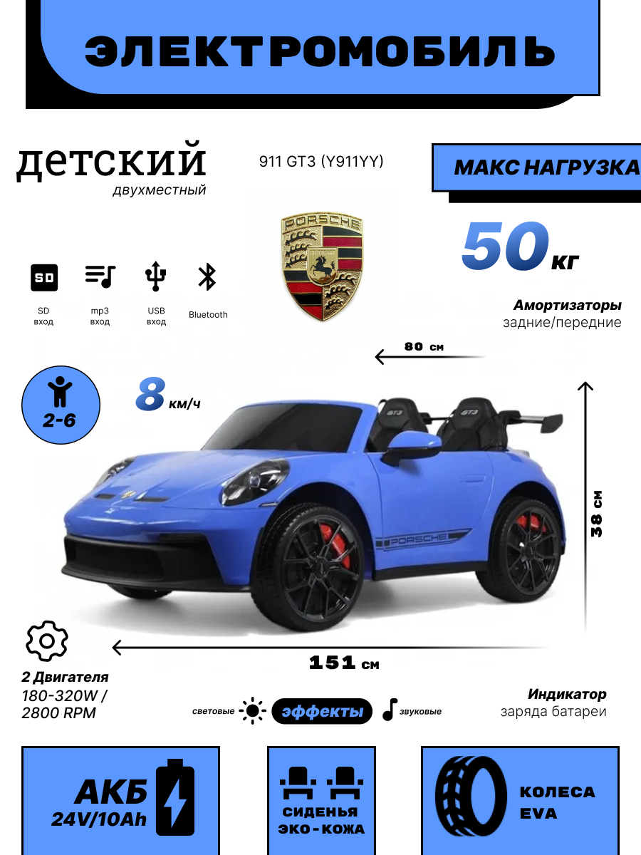 Детский электромобиль Porsche 911 GT3 (Y911YY) синий глянец