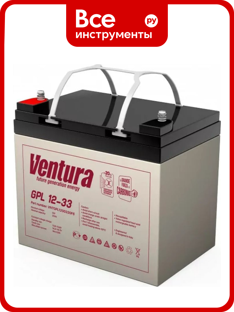 Аккумуляторная батарея Ventura GPL 12-33, 12 В, 34 Ач, AGM, прямая полярность, размеры 170x130x196 мм, вес 10 кг, макс.