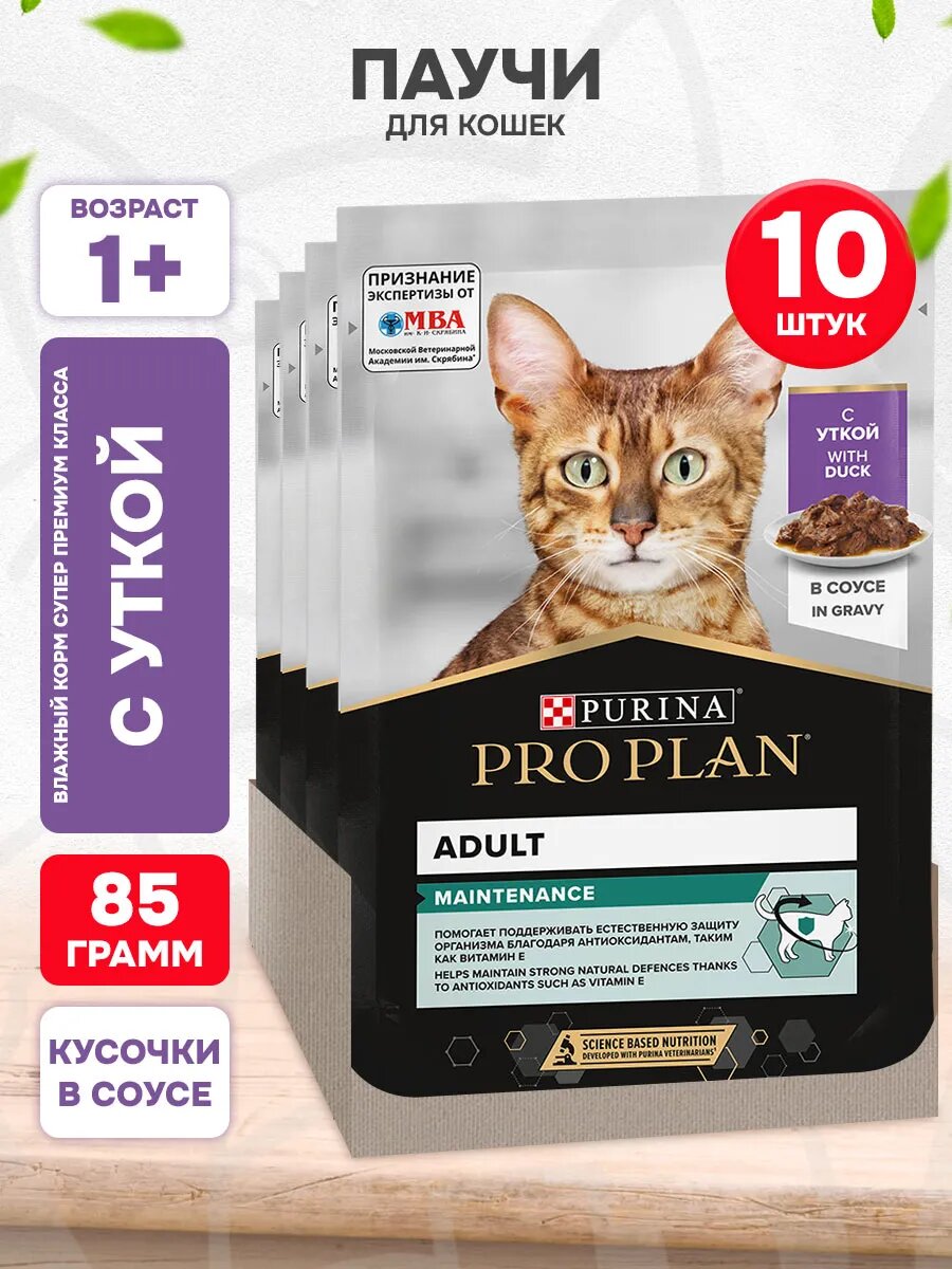 Корм влажный Pro Plan Maintenance для взрослых кошек, утка в соусе, 85 г 10 шт