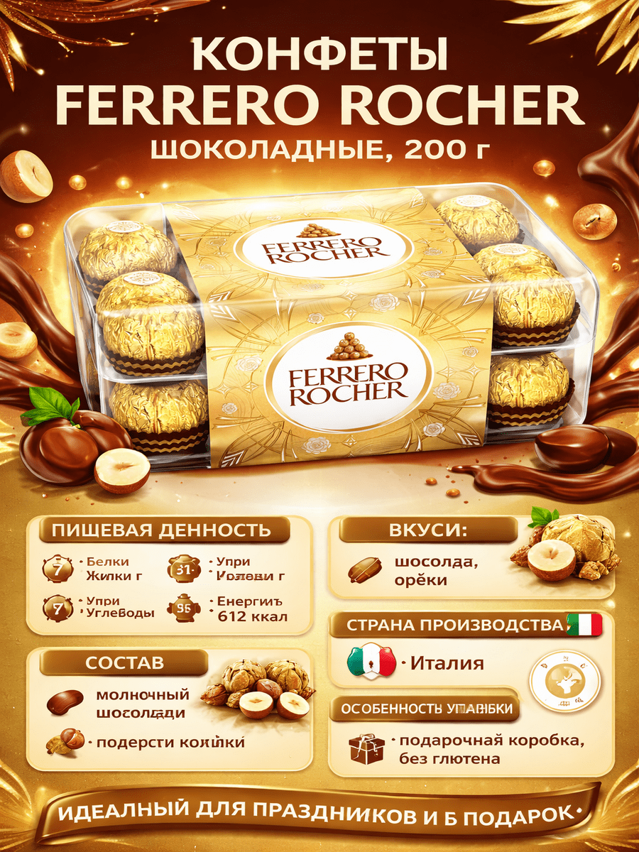 Конфеты Ferrero Rocher шоколадные, 200г
