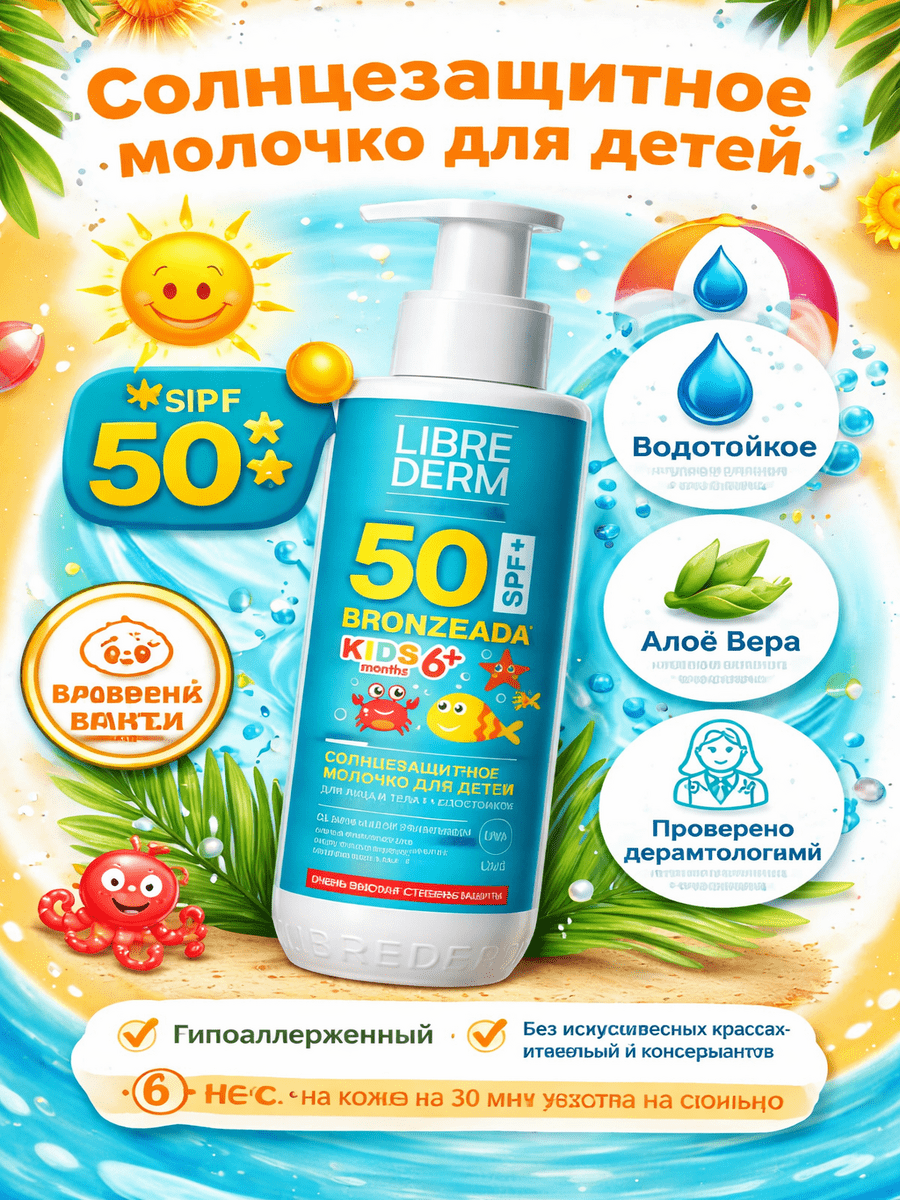 Молочко солнцезащитное детское Librederm Kids Водостойкое SPF50+, 150мл