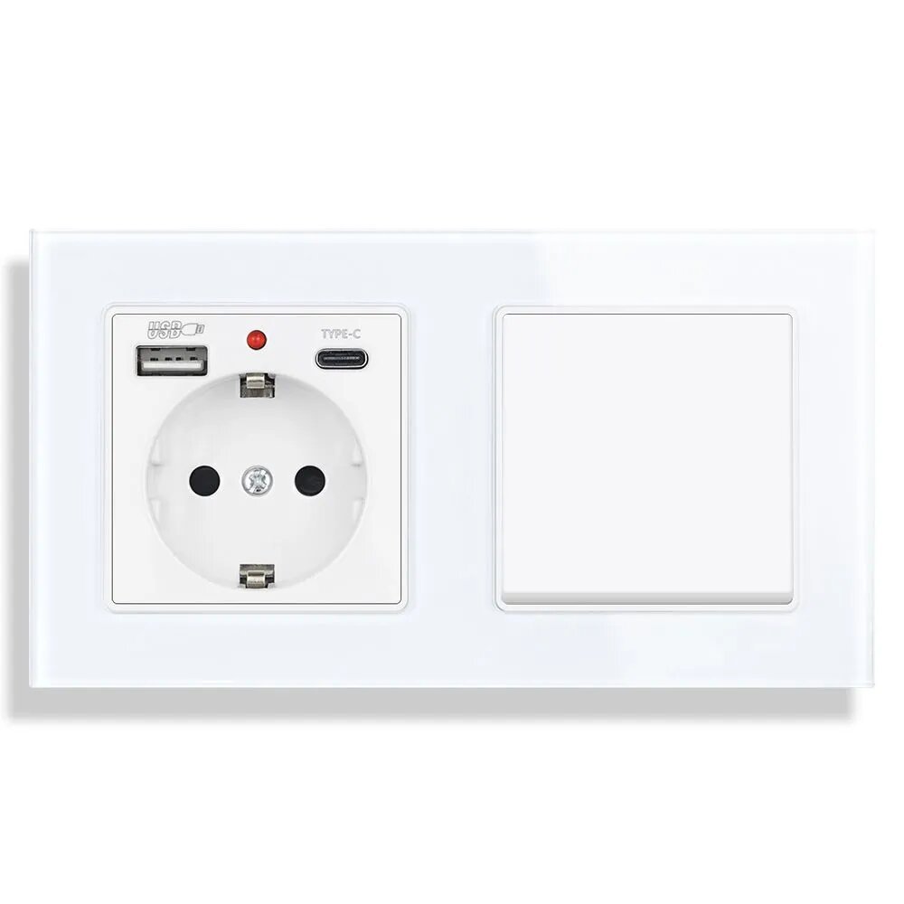 Выключатель с розеткой с USB и type-C,1 клавиши 1 розетка , 2 поста рамка стекло 153х82мм цвет Белый.