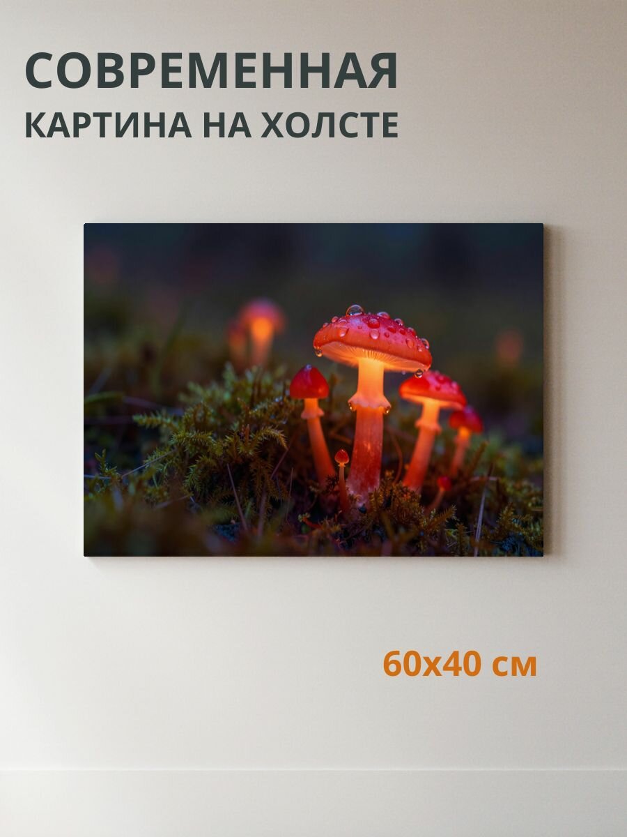 Картина на холсте Грибы с росой 60x40 см