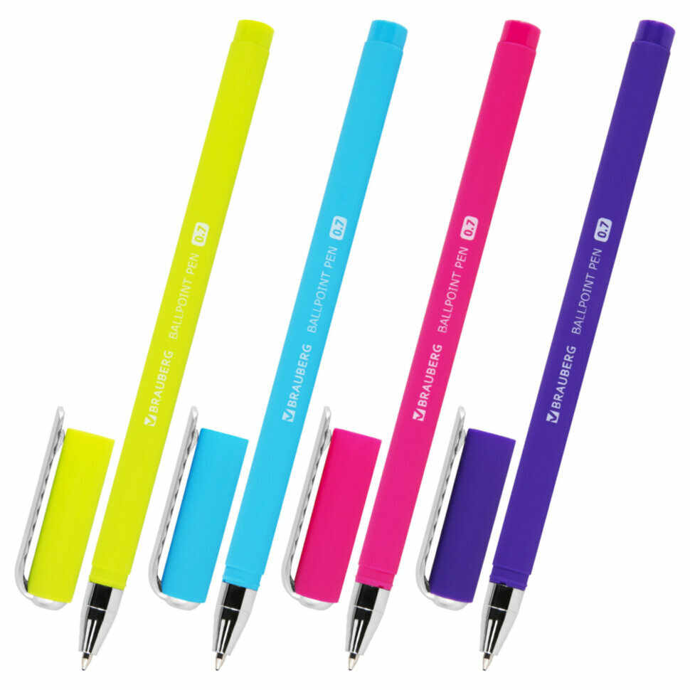 Ручка шариковая BRAUBERG SOFT TOUCH STICK "NEON", синяя, мягкое покрытие, корпус ассорти, узел 0,7 мм, 143697, 36 штук, 143697