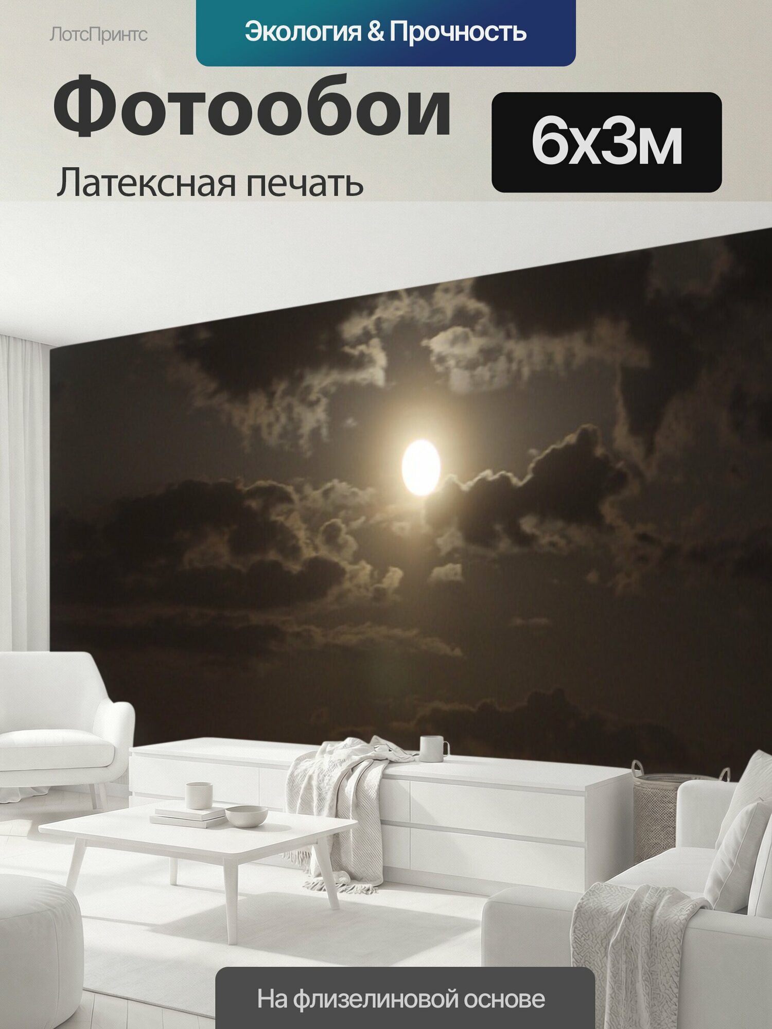 Фотообои моющиеся ударопрочные "Луна, полный, ночь" 600x300 см. латексная печать