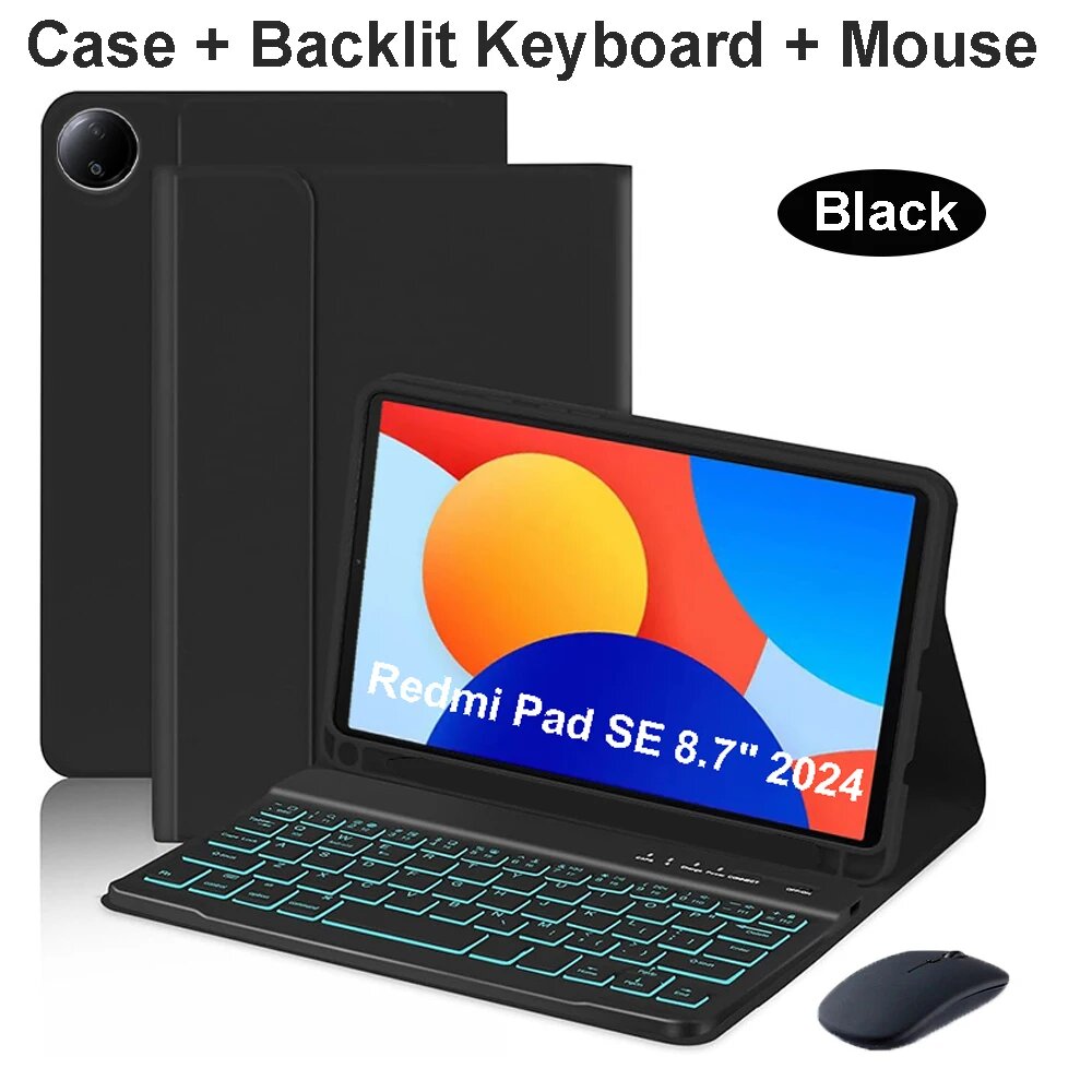 Чехол с клавиатурой HUAIBX для Xiaomi Redmi Pad SE 8,7 дюйма 2024 Black Backlight B, English