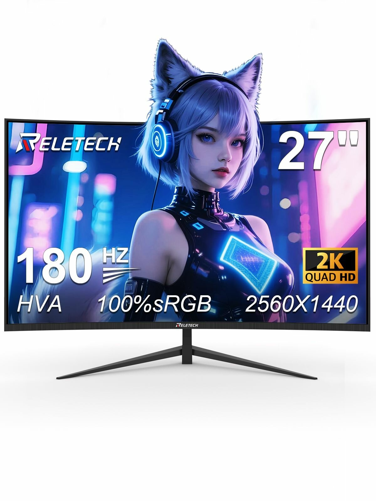 Монитор игровой Reletech G27X Flex Pro, 27 ", 2K 2560x1440, 180 Гц, изогнутый, HDMI+DP, FreeSync, для компьютера