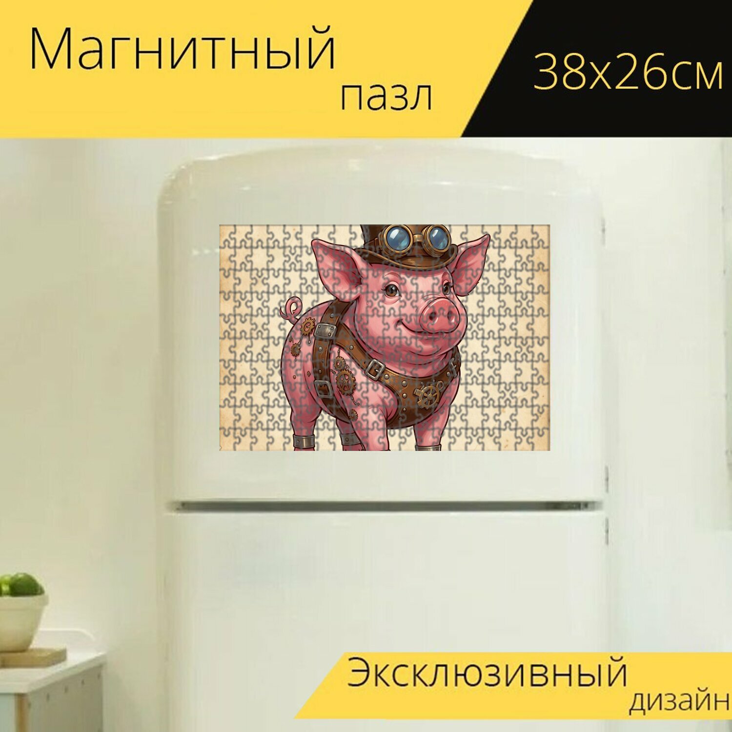 Магнитный пазл "Свинья в цилиндре и очках. Розовый поросёнок в ретрофутуристическом наряде: кожаные ремни, шестерёнки, латунные детали, высокая шляпа с." для интерьера, 38х26 см.