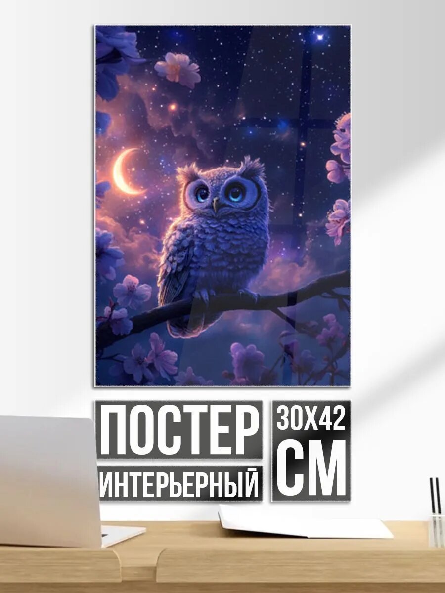 Постер на стену Ночная сова на ветке