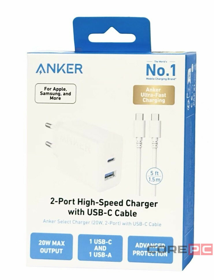 Сетевое зар. устр. Anker B2348G21 USB+1C 20W с кабелем Type-C белое