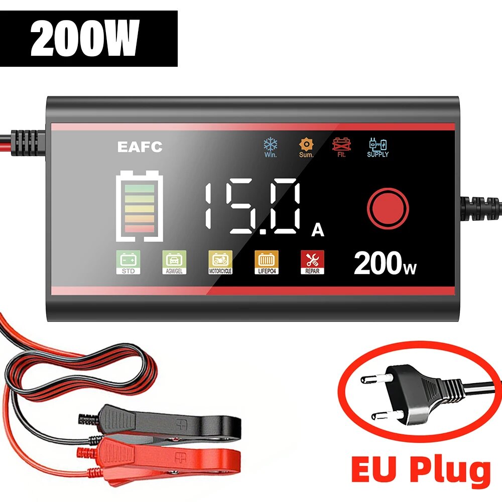 Зарядное устройство для автомобильных аккумуляторов EAFC 200W/100W, интеллектуальное, 200W 12V 15A