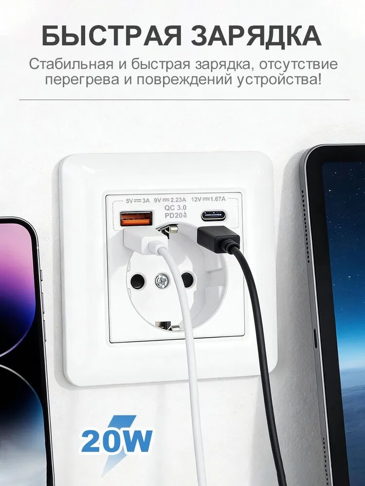 Внутренняя белая розетка с USB и Type-C, 20W быстрая зарядка, белая зарядная розетка для дома