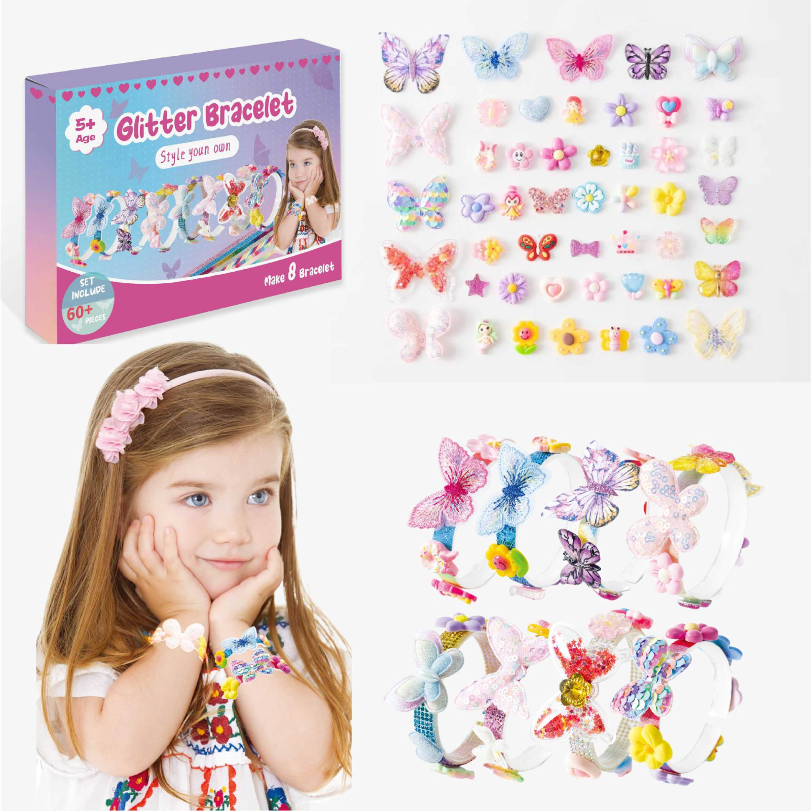 Набор для самодельного изготовления браслета "Butterfly flower", материал для ручного изготовления детской украши, 60+ деталей, 8+ блестящих браслетов, для детей 5+ лет, украшения в виде бабочек и цветов, для создания браслетов и подвесок