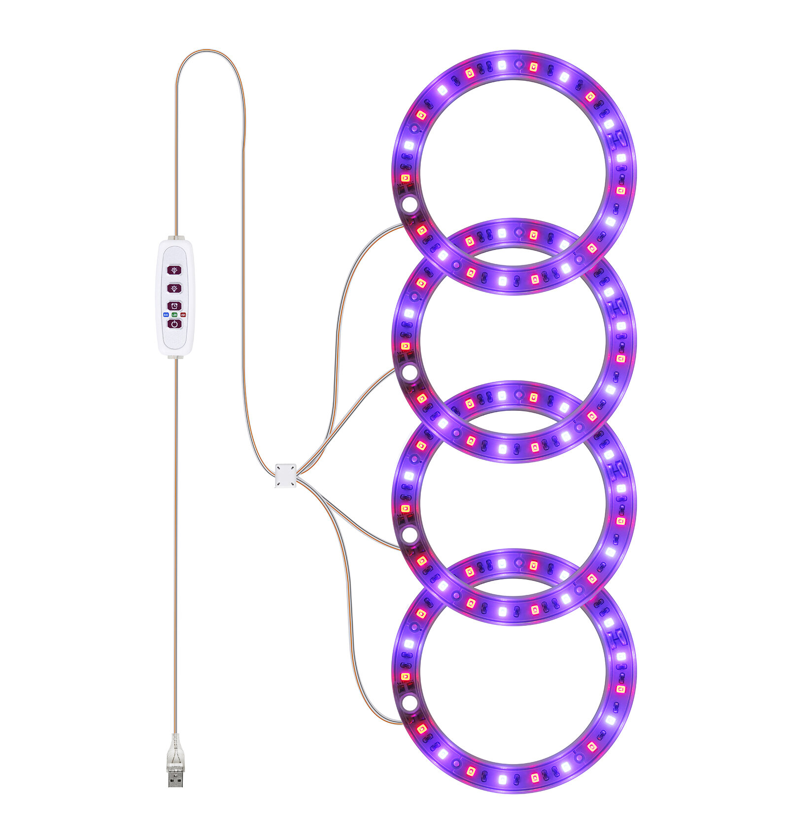LED Grow Lights с 20 LEDs, полный спектр, таймер 8H/12H/16H, 5 уровней яркости, регулируемая высота, USB, Angel Ring Lamp для суккулентов, 1 Pack / 2 Pack / 3 Pack / 4 Pack, материал ABS+PC, напряжение DC 5V, размер 90*90mm, длина кабеля 600mm