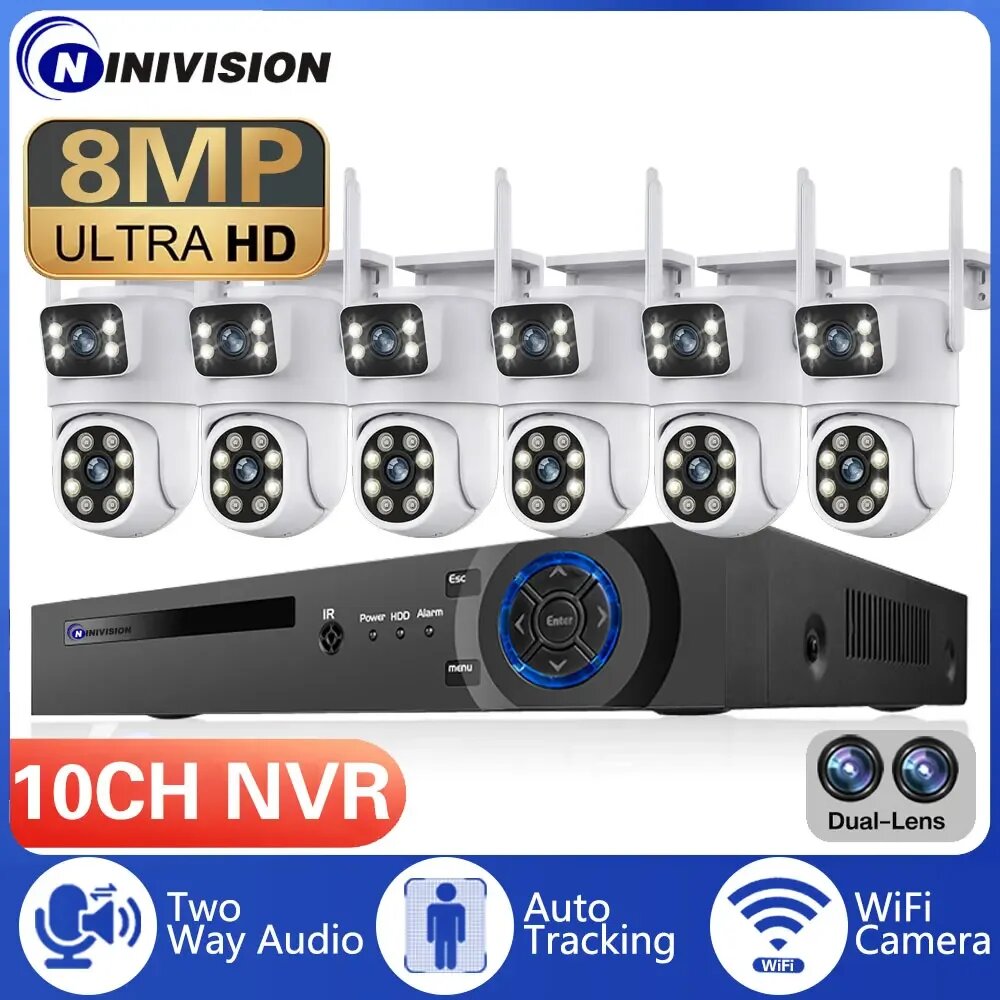 Система видеонаблюдения для дома 10CH 4K POE NVR HD 6MP с двухлинзовыми PTZ-камерами WIFI IP, набор беспроводного видеонаблюдения CCTV H.265 с автоматическим трекингом